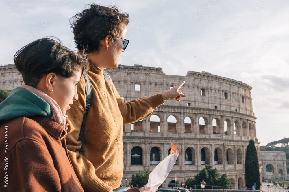 A mother is explaining the history and significance of the Roman ...