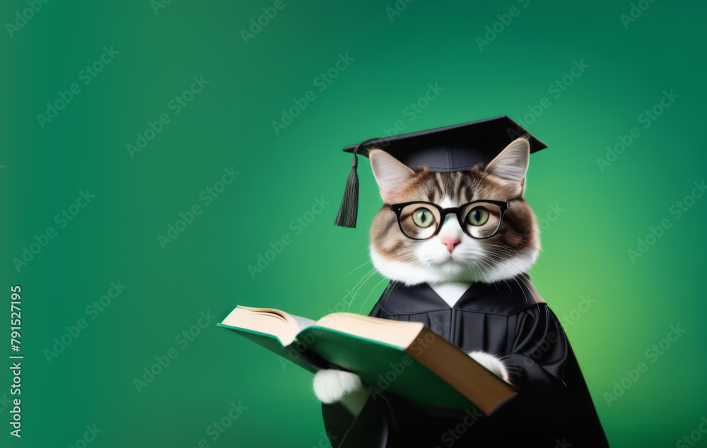 Smart cat in academic hat holding open book on an green background with ...