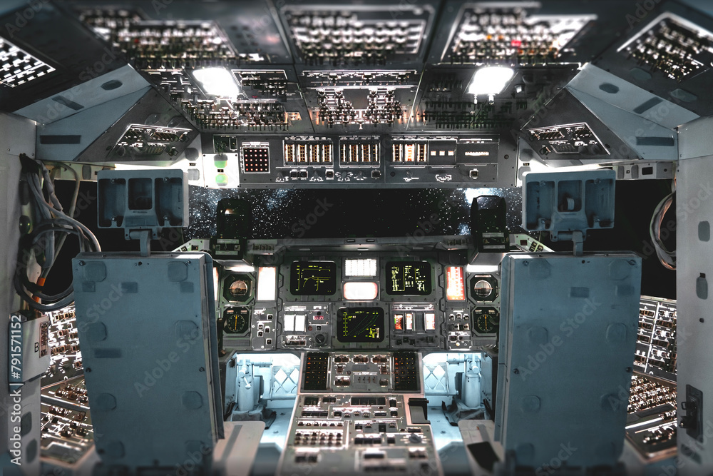 Space shuttle dashboard. Spaceship cockpit with lots of control buttons. Stock Photo | Adobe Stock