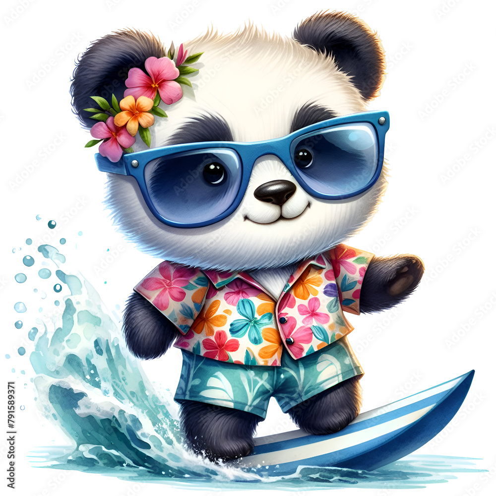Watercolor Summer PandaClipart, Panda Clipart, Summer Beach PNG, Ocean Graphics Clipart, Animal ...