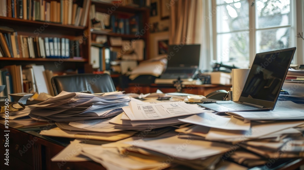 Zoomed-in image of a CEOs desk covered in paperwork and a laptop AI ...