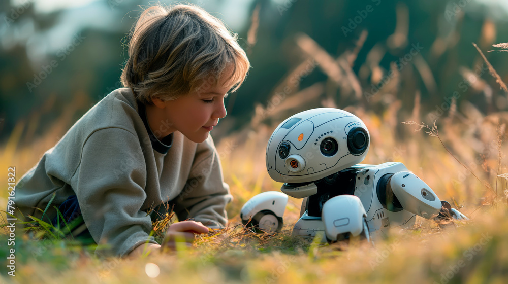 Photo Stock Inquisitive boy engages with advanced robot in natural setting. Exploration of ...