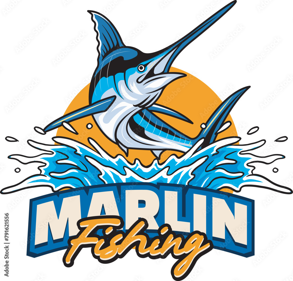 Vector Illustration of Marlin Fish and Water Splash with Vintage ...