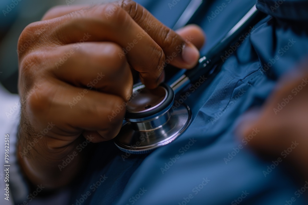 Clinic doctor, hands, and stethoscope on patient for chest heartbeat ...