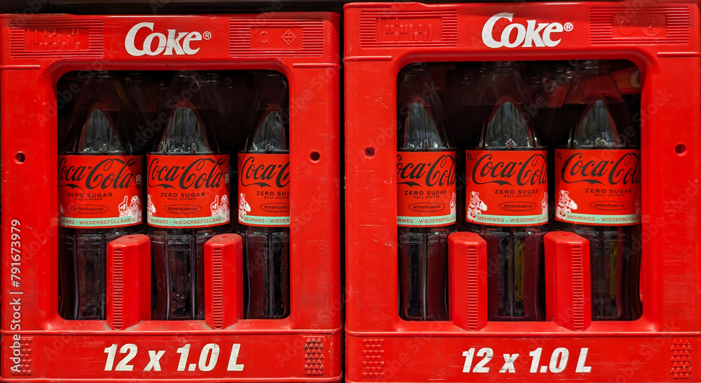 Coca Cola Zero Sugar crates on the shelf of a supermarket in Berlin ...