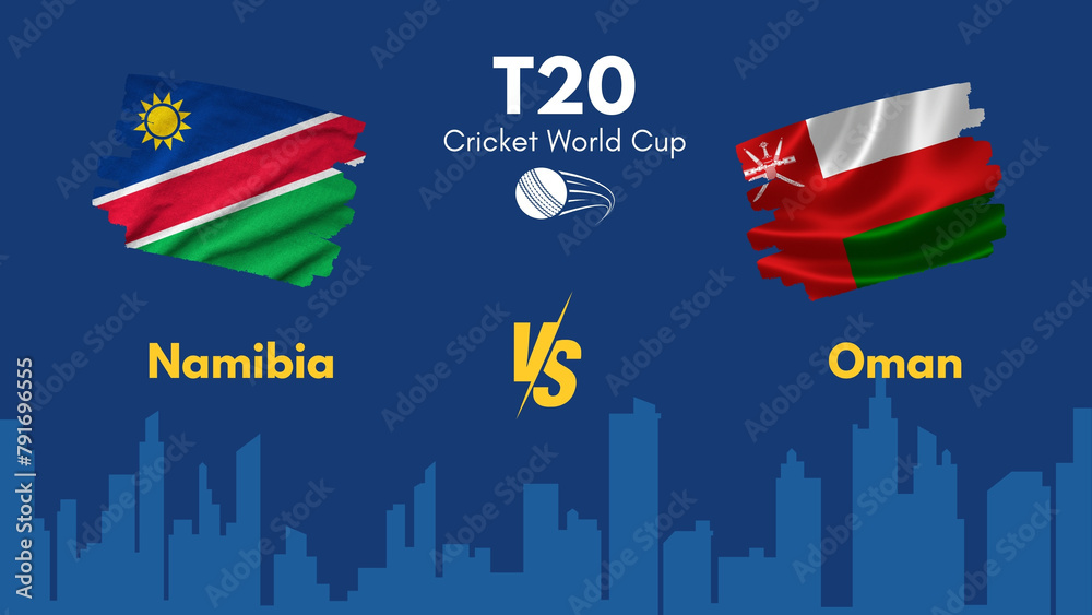 Namibia vs Oman flag, world map and building skyline use for t20 ...