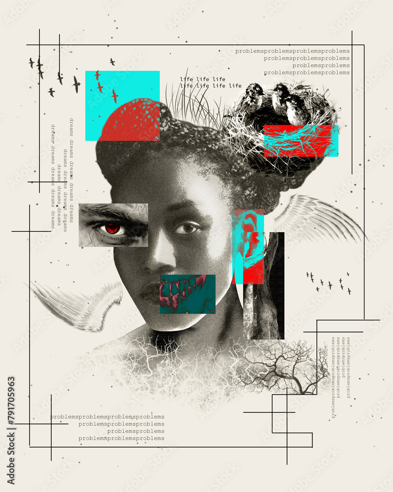 Surreal female portrait collage with phrases, a bird nest, and ...