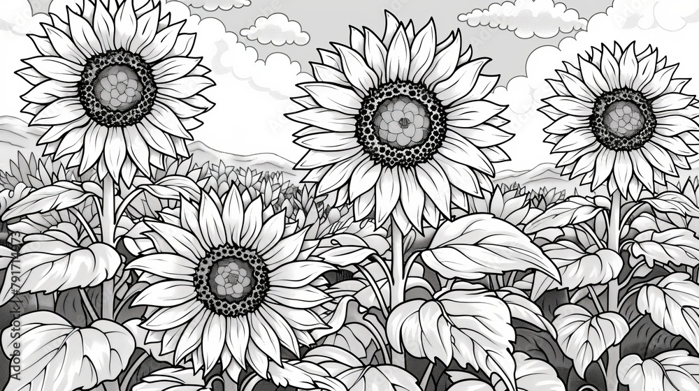 Nature scenes Coloring Book: A simple outline of a field of blooming ...