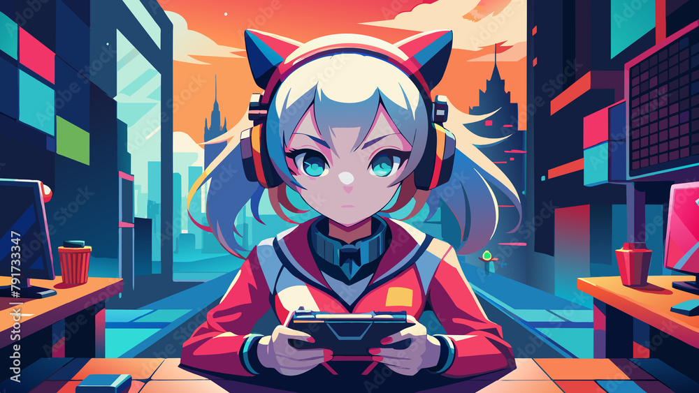 cute anime girl seriously playing game Stock Illustration | Adobe Stock