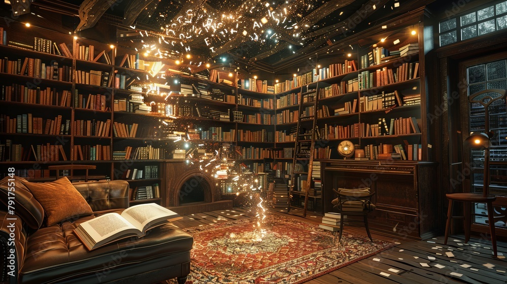 Cozy reading corner in a public library, an open book with letters ...