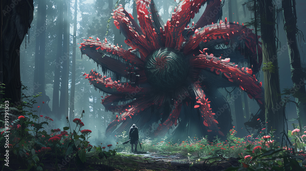 adventurers stumble upon a clearing dominated by a colossal man-eating ...