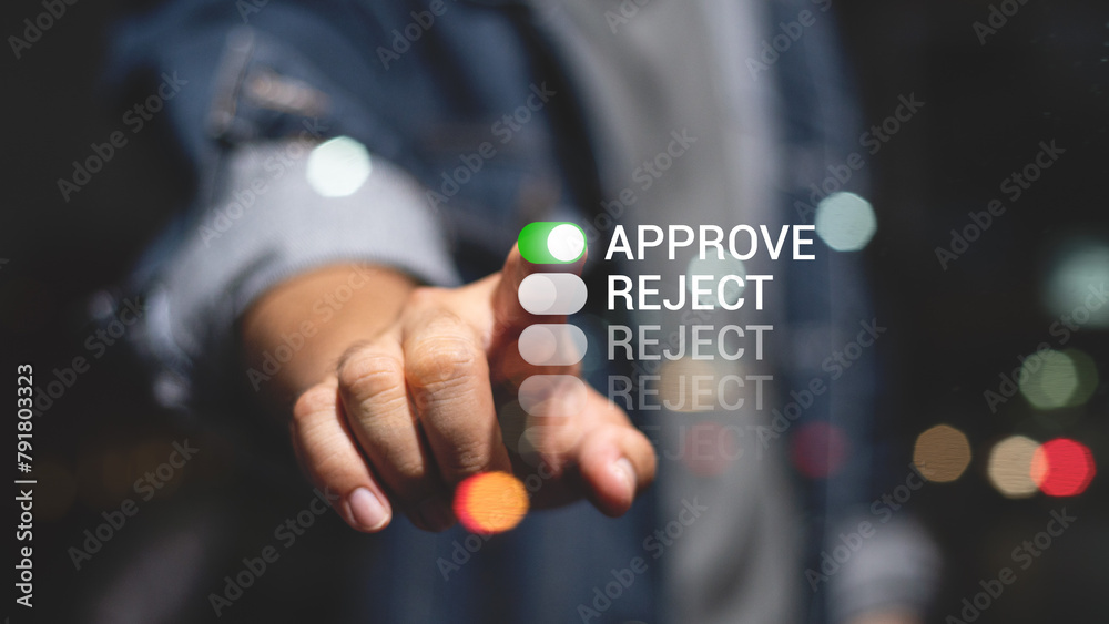 Approve concept. businessman touching check mark to approve document or ... Approve concept. businessman touching check mark to approve document or ...