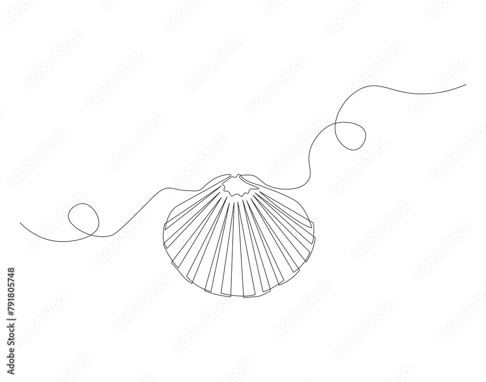 Continuous line drawing of scallop shellfish. One line of shellfish ...