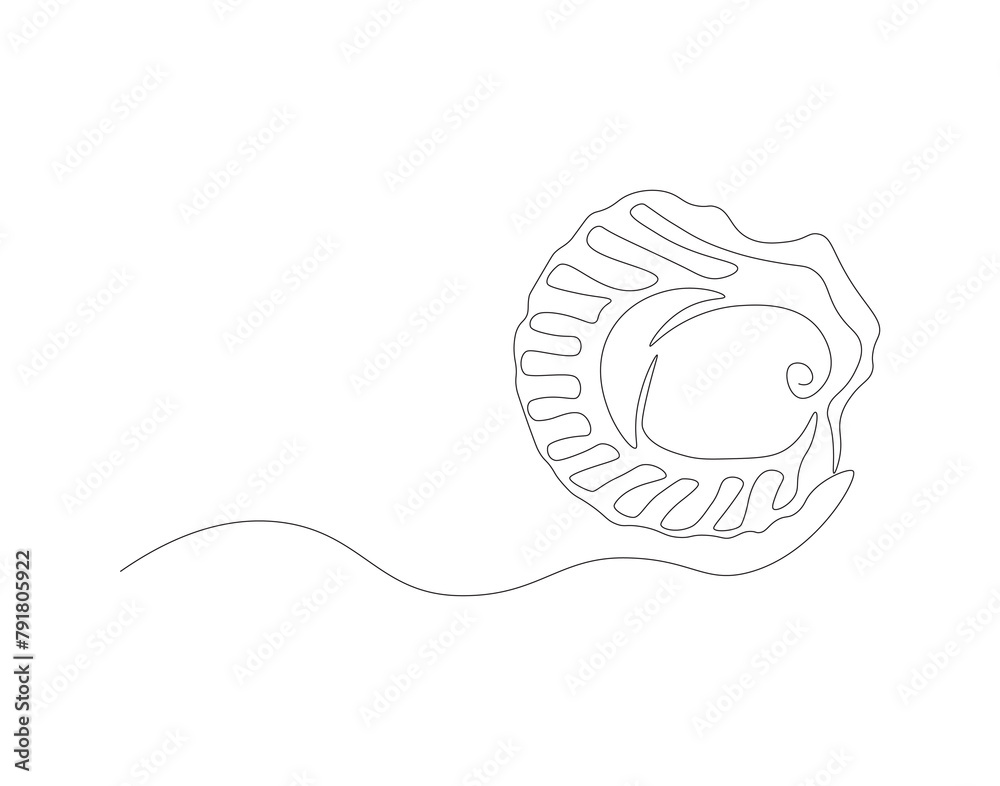 Continuous line drawing of scallop shellfish. One line of shellfish ...