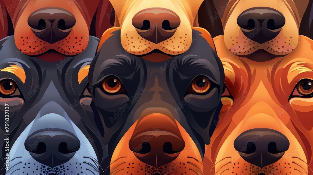 Canine snout front illustration, brown and black noses of different ...