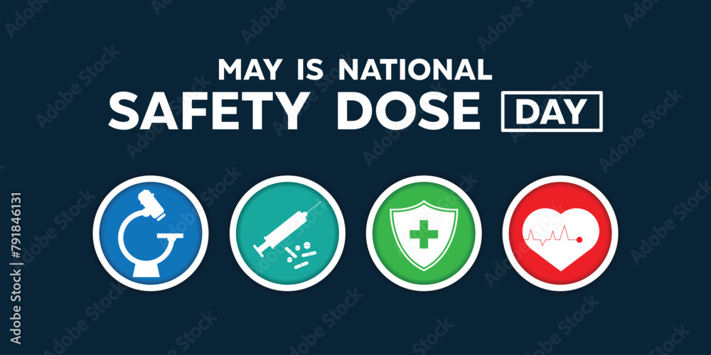 National Safety Dose Day. Microscope, syringe, shield and heartbeat ...