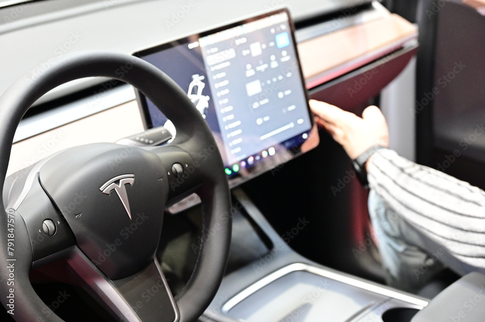 interior view of full electric Tesla car cockpit Turin Italy April 20 ...