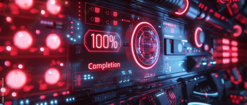 Futuristic loading screen, "100% Completion", sleek UI design ...