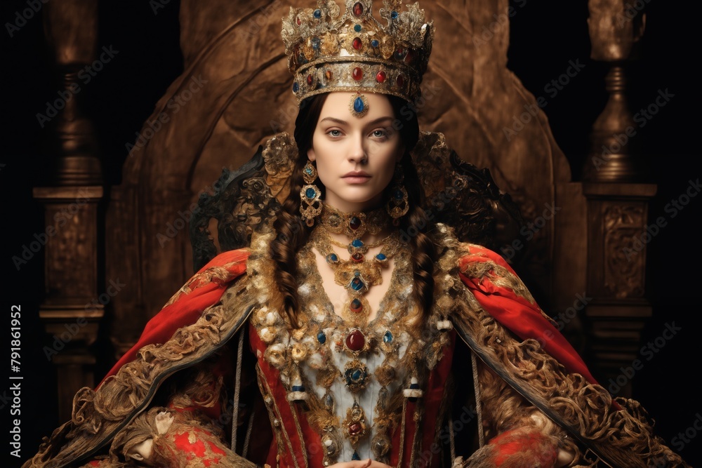 portrait of a beautiful queen woman in a royal dress and crown, sitting ...