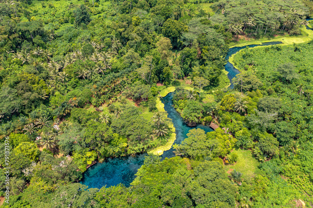 Incredible tourist landscape with a blue river in jungle forests. Top ...