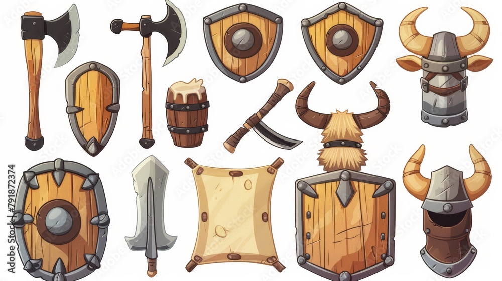 Illustration set of Viking tools and weapon game UI icons - wooden and iron shield, axe, helmet ...