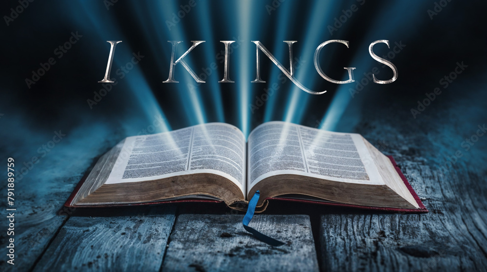 Illustration Stock The book of I Kings. Open bible with blue glowing rays of light. On a wood ...