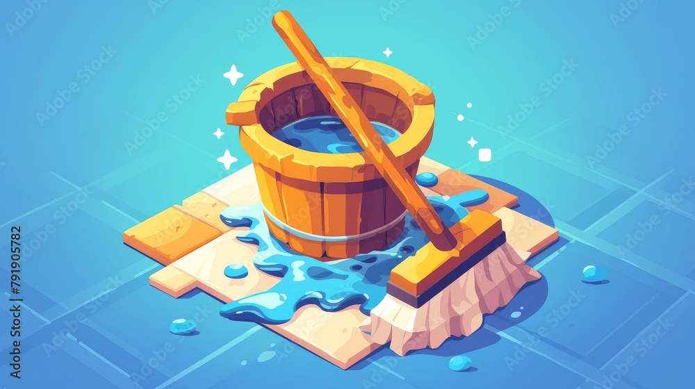 Illustration of a pixel mop and bucket 2d icon depicting a pixel ...