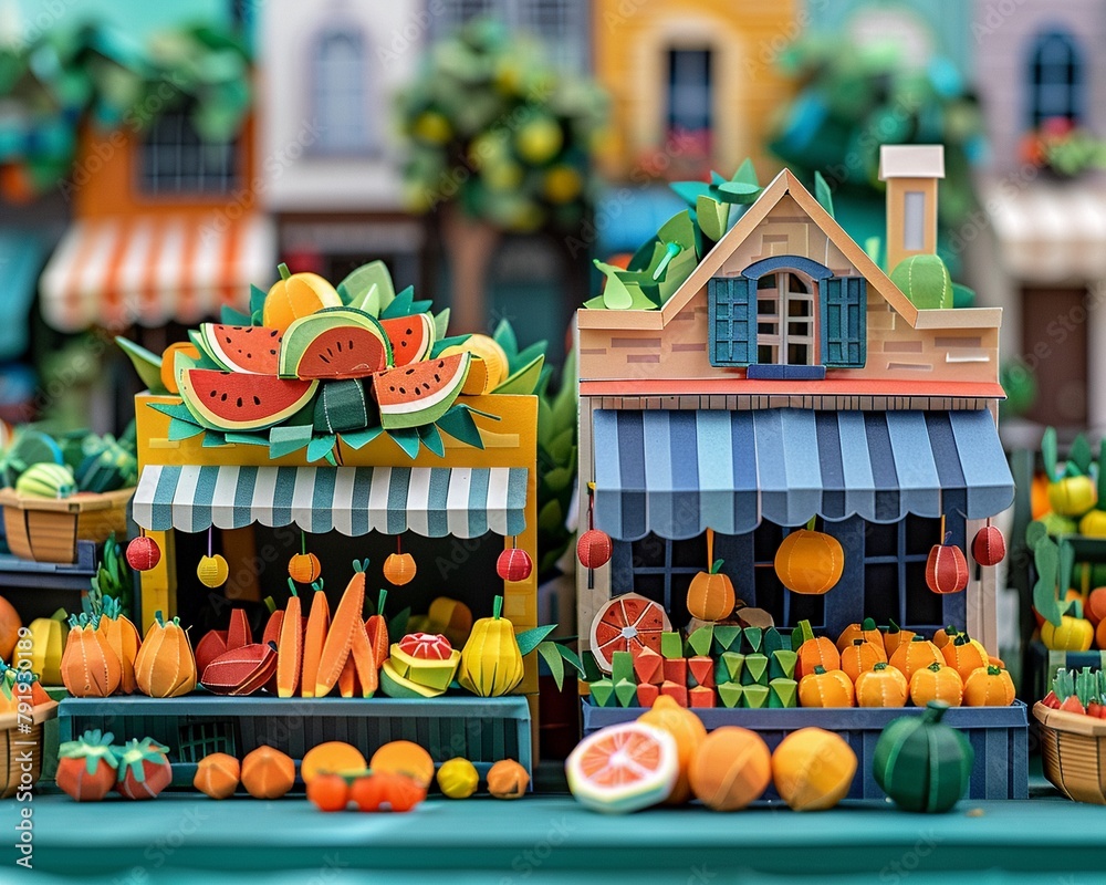 Papercraft art stock image of a bustling cityscape at night, buildings ...