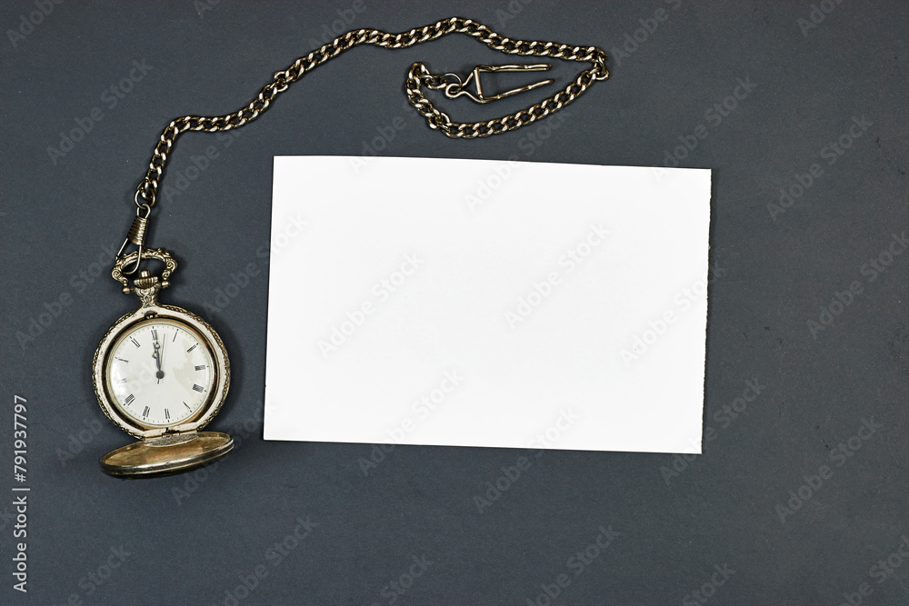 Wedding invitation card mockup and Antique silver pocket watch on gray ...