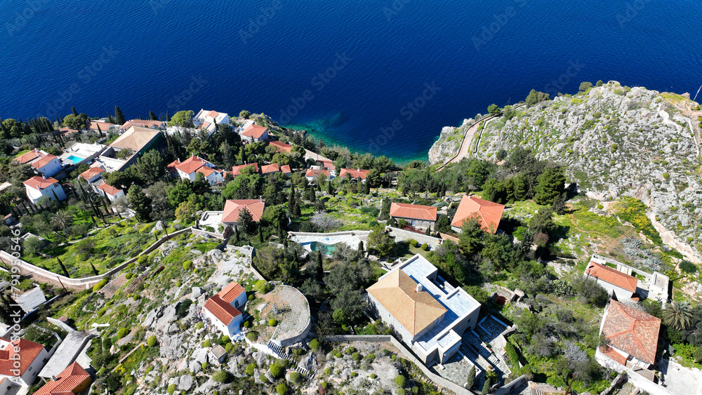 Aerial drone photo of famous small seaside swimming area of Hydroneta ...