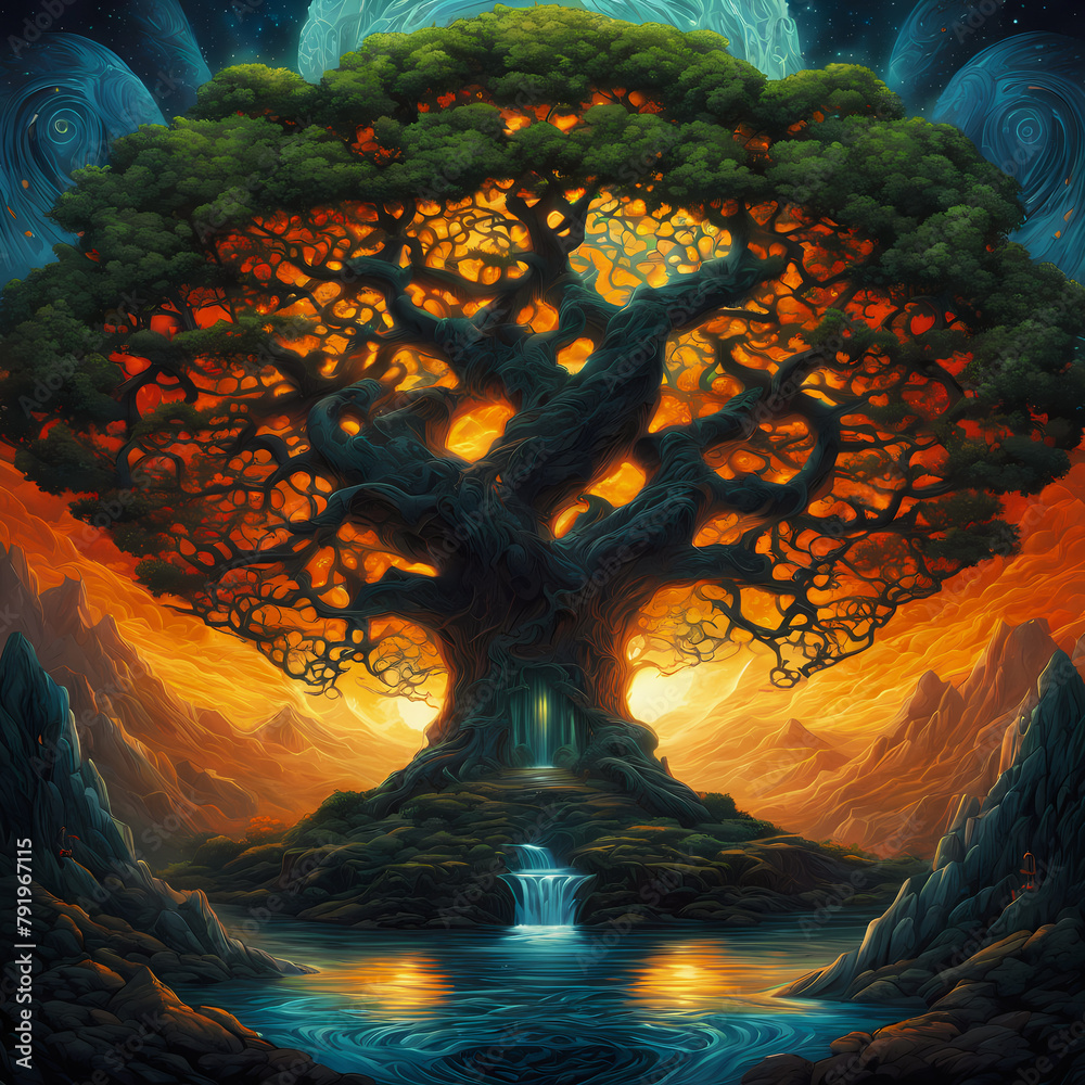 beautiful tree of nine realms of viking mythology, surrealistic ...