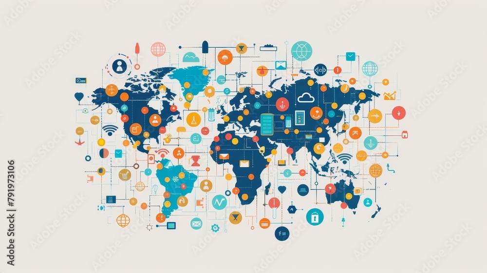 Craft a visual narrative portraying the global network as a cohesive ...