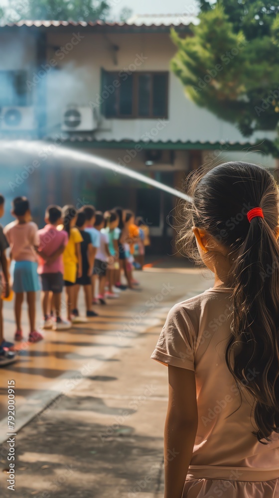 Fire drill at a school, children lining up orderly and exiting the ...
