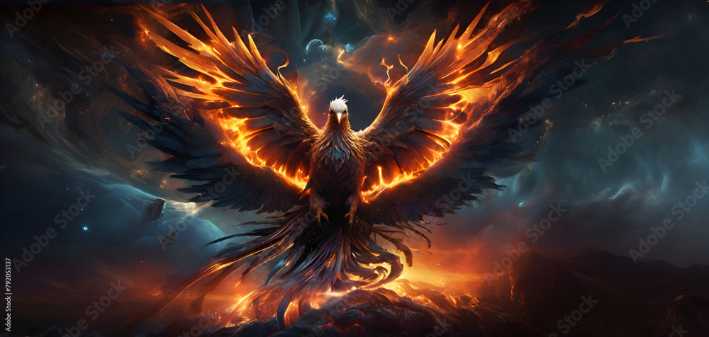 flying blazing Phoenix bird against night background. Digital art work ...
