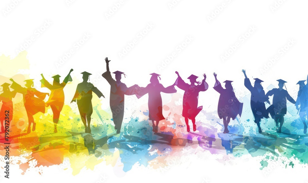 Vibrant watercolor splash background with silhouettes of graduates ...