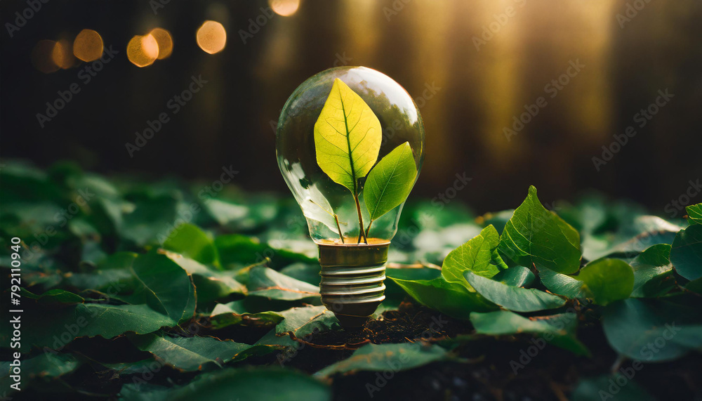 Illustration of a plant grows inside a light bulb amidst green leaves, symbolizing eco-friendly ...