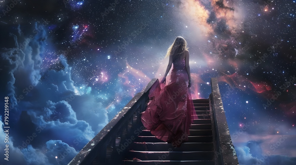 Woman Walking A Staircase Up Ascending Into Heaven Cosmos Galaxies ...