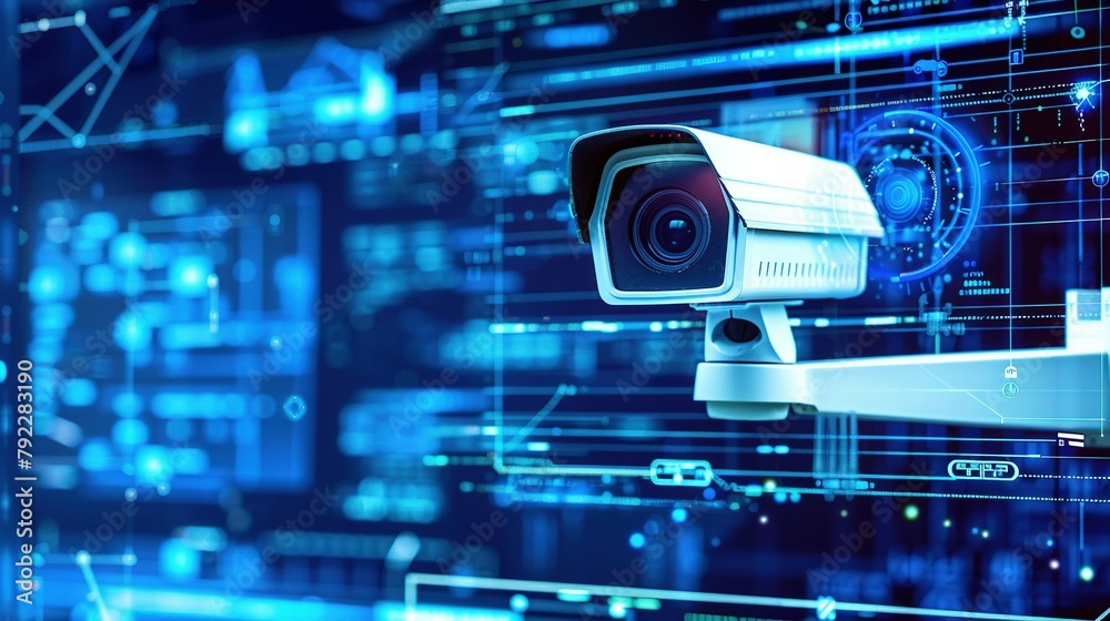 wide banner of security CCTV cameras and guard monitoring screen hud UI ...