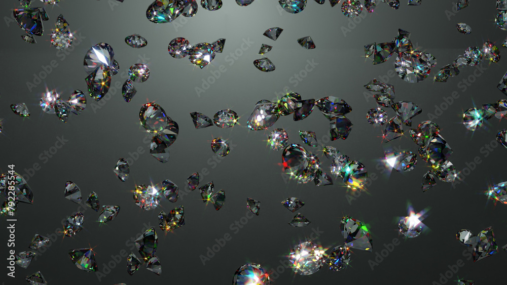 Many sizes shiny and transparency diamonds scattered on the gray ...