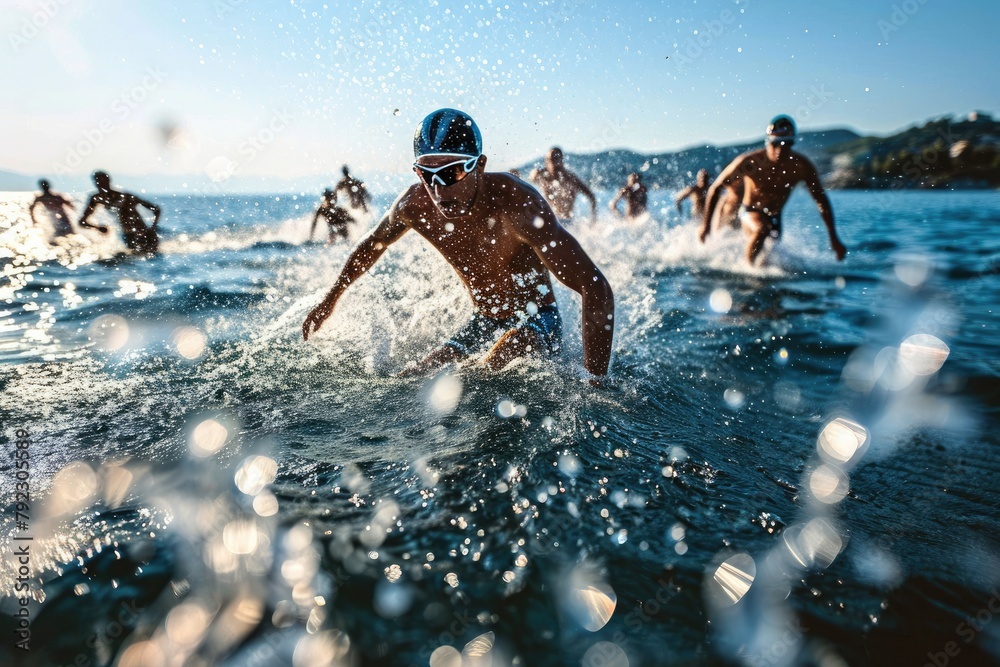 Athletes swimming, running, and biking, Triathlon swimming man running ...