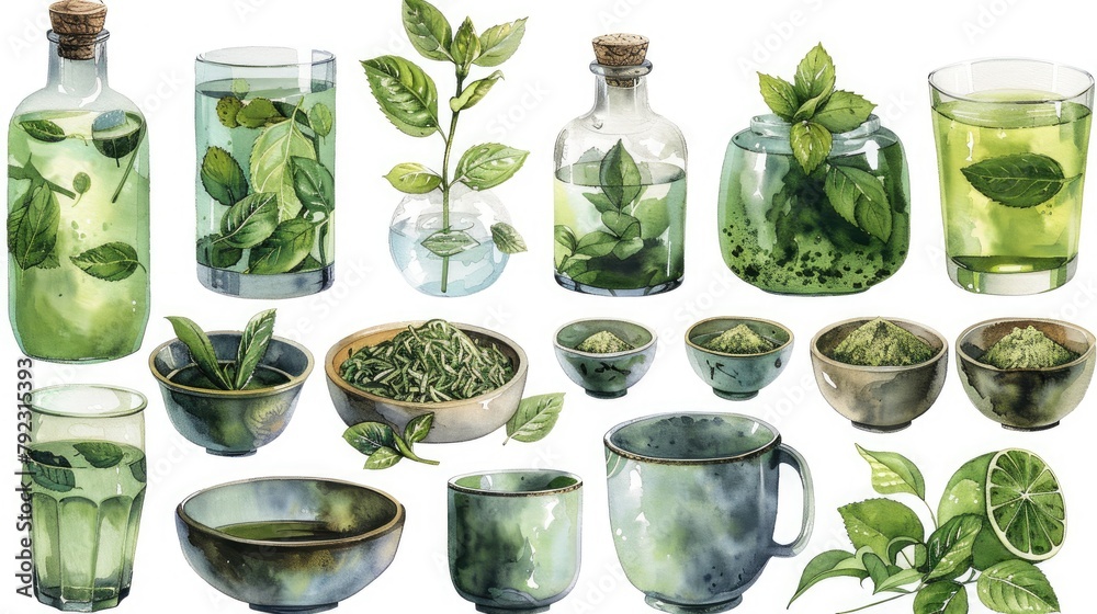 watercolor matcha green tea elements leaves objects isolated on clear ...