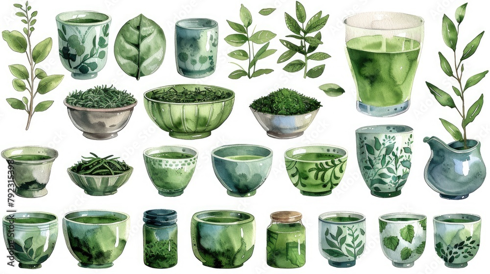 watercolor matcha green tea elements leaves objects isolated on clear ...
