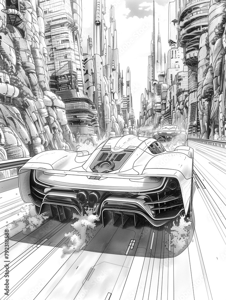Car racing coloring page in the future city. Hand drawing sketch ...