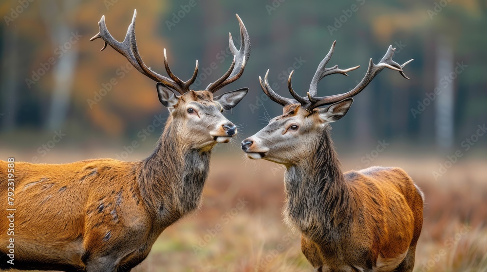 Two red deer. cervus elaphus. standing close together and touching with ...
