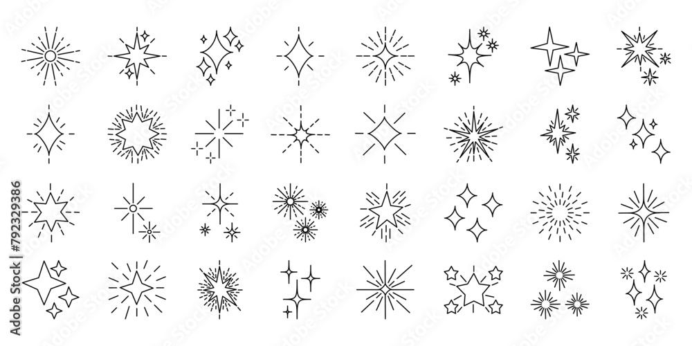 Line star glitter shine of doodle set. Sparkle, twinkle and starburst icons, vector bright spark ...