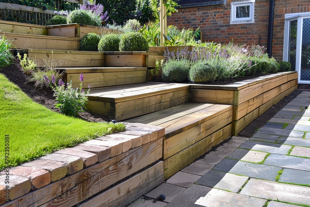 New garden steps leading to raised patio beside raised flowerbed with ...