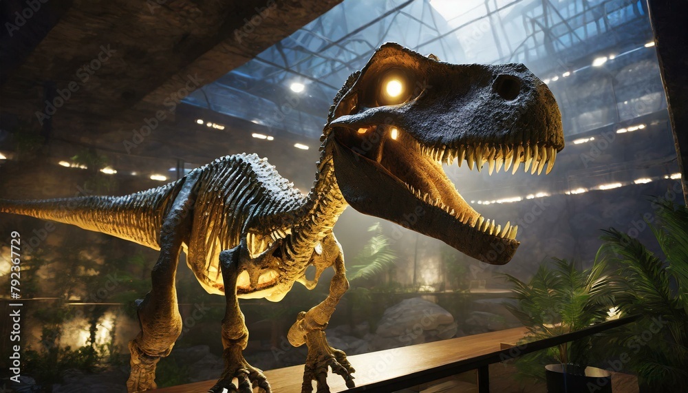 Dinosaur skeleton of a T-Rex on display in a natural history museum ...