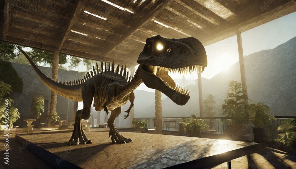 Dinosaur skeleton of a T-Rex on display in a natural history museum ...