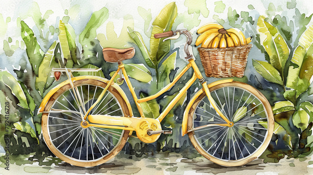 watercolor illustration of yellow bike with bananas in the basket ...