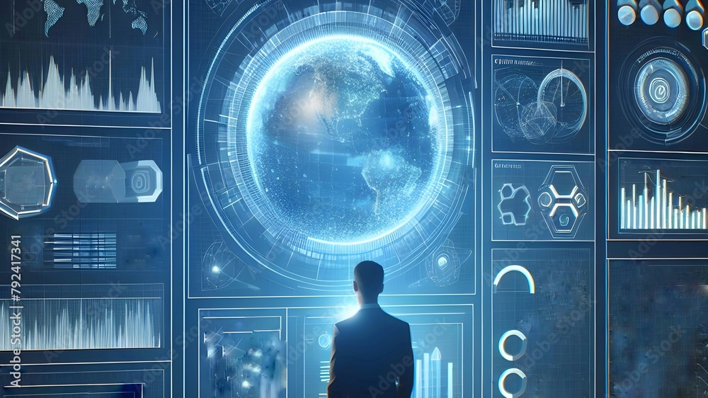 Transparent smart digital glass screen showing globe info and statics ...